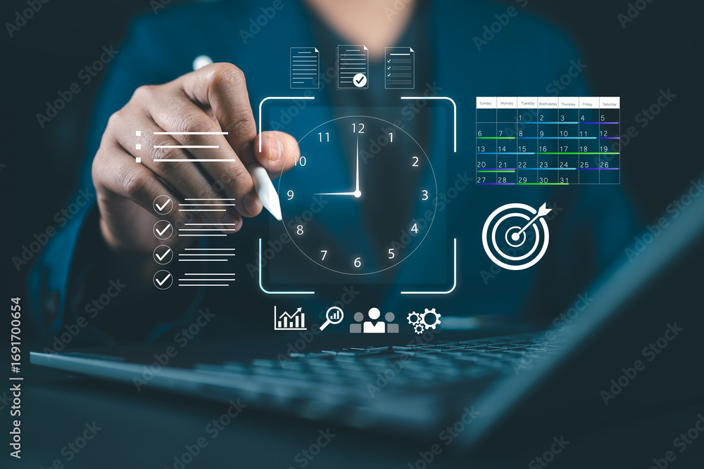 Time management and task planning concept with businessman using stylus and digital interface ...