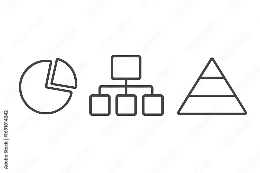 Simple line icons for infographics. Pie chart, hierarchy, and pyramid ...