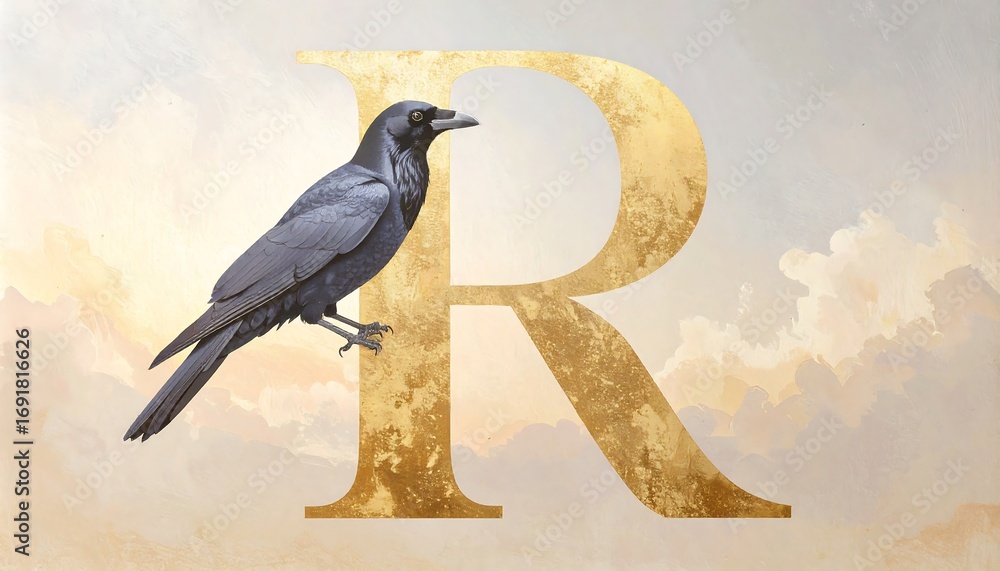 Raven perched on a golden letter R の Stock フォト | Adobe Stock