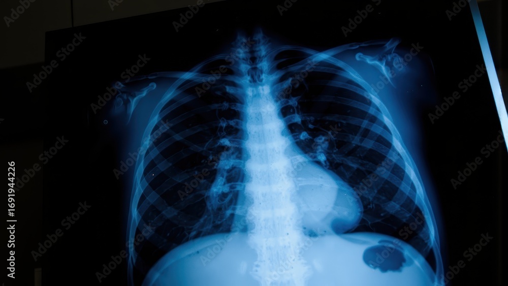 Medical x ray of a human chest showing the rib cage and spine の Stock ...