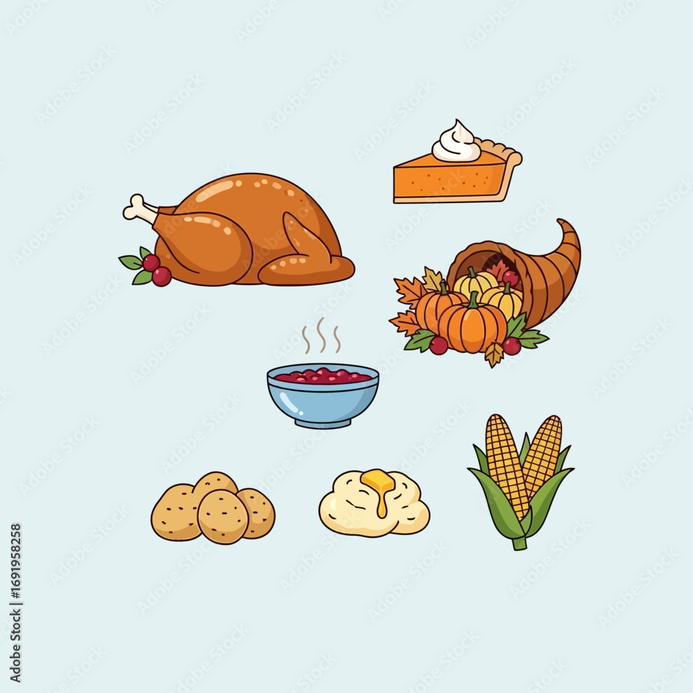 Cartoon illustration of a Thanksgiving feast featuring turkey, pumpkin ...