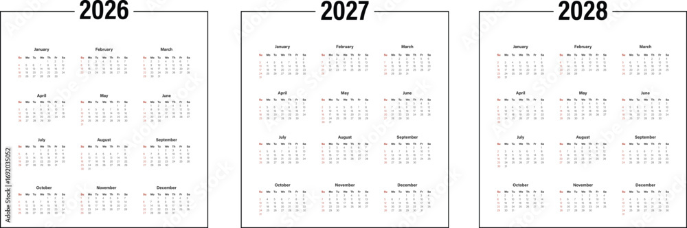 Monthly calendar layout for 2026 2027 2028 year. Diary planner for 2026 ...