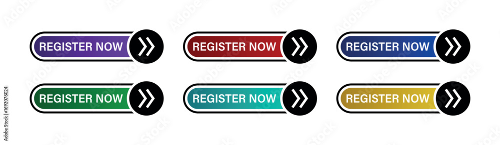 Colorful Register Now Button Set with Arrow Icons in Multiple Styles ...