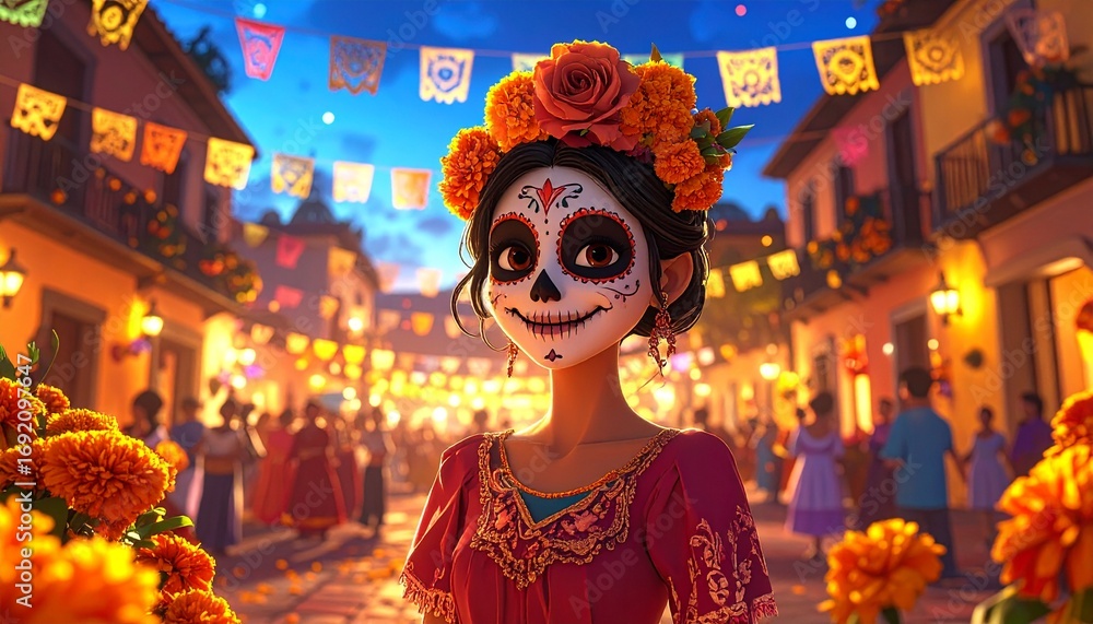 ภาพถ่าย Stock Generated image, happy catrina in a plaza decorated at ...