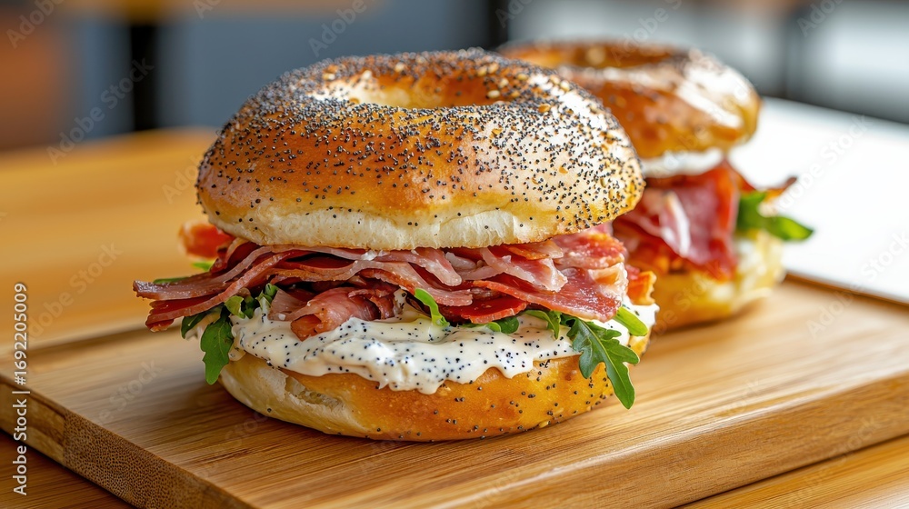 Delicious bagel sandwich with layers of meat and cheese, perfect for ...