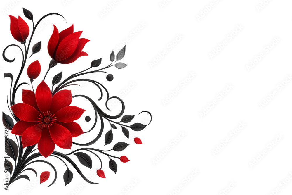 Elegant red roses with dark foliage swirls creating a dramatic floral ...
