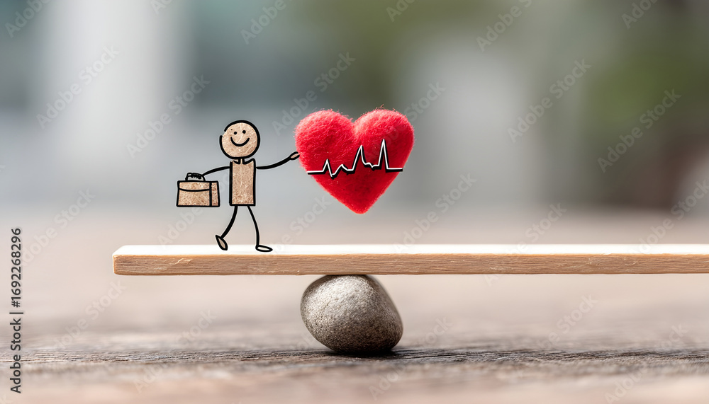 Balancing a briefcase and heart, a stick figure shows the need to ...