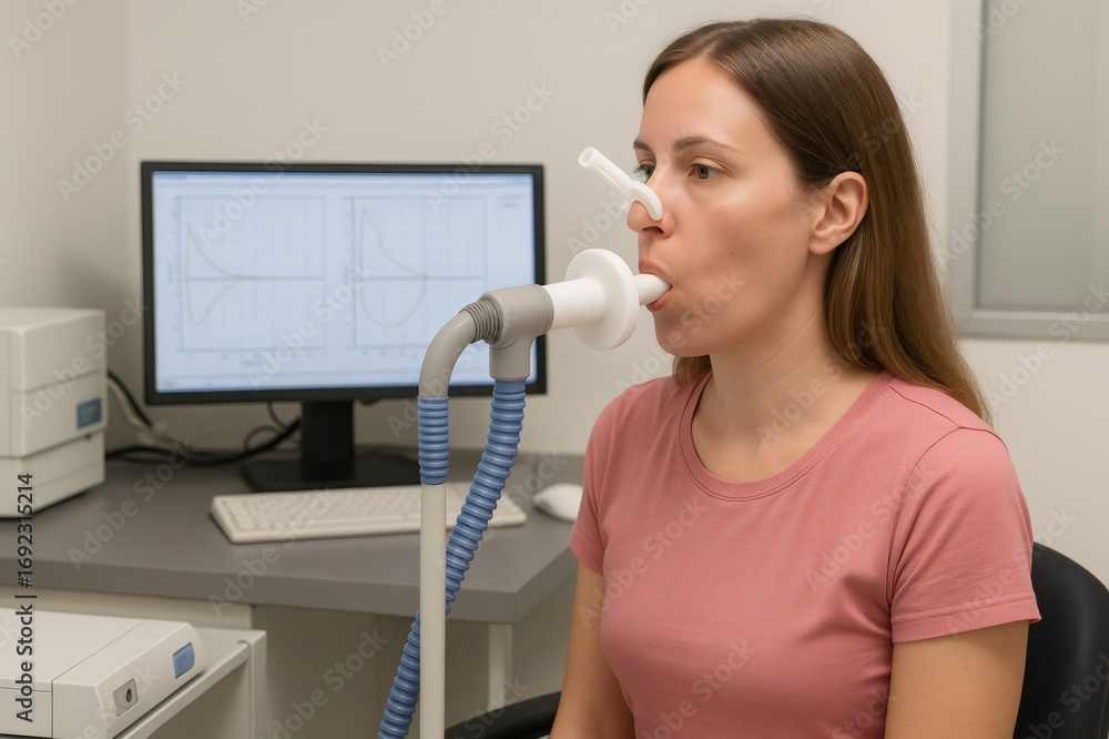 Woman breathing into spirometer during pulmonary function test in ...