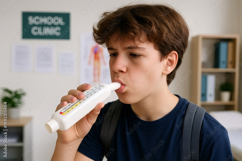 Young student performing a lung function test using a peak flow meter ...