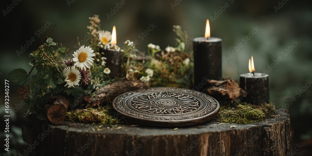 Celtic Druid. Dark abstract background with amulet, candlelight and ...