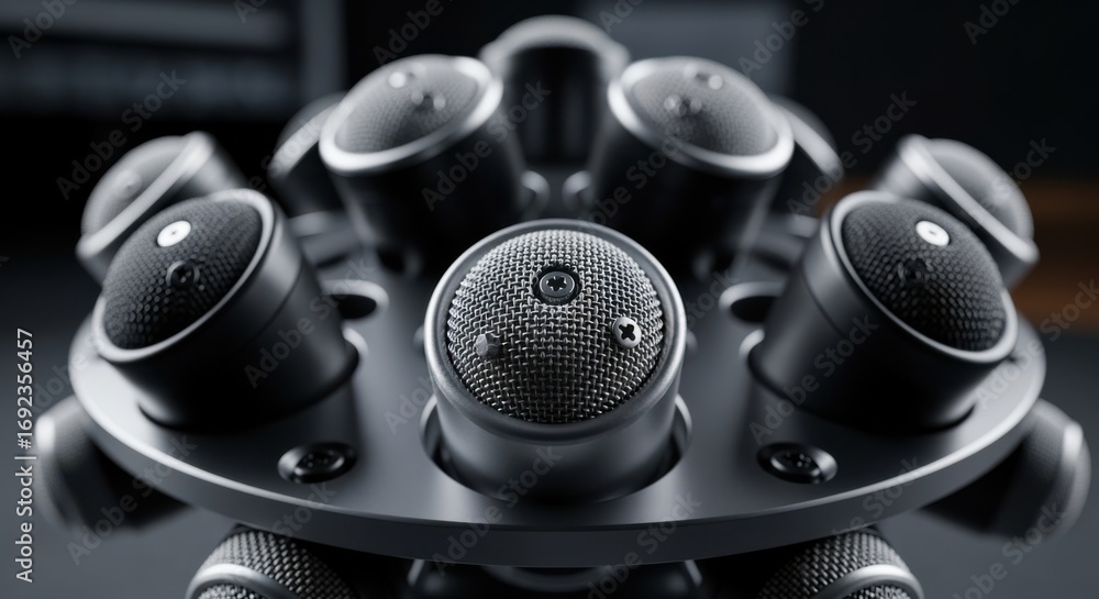 Macro shot of the intricate capsules on a 3D ambisonic microphone rig ...