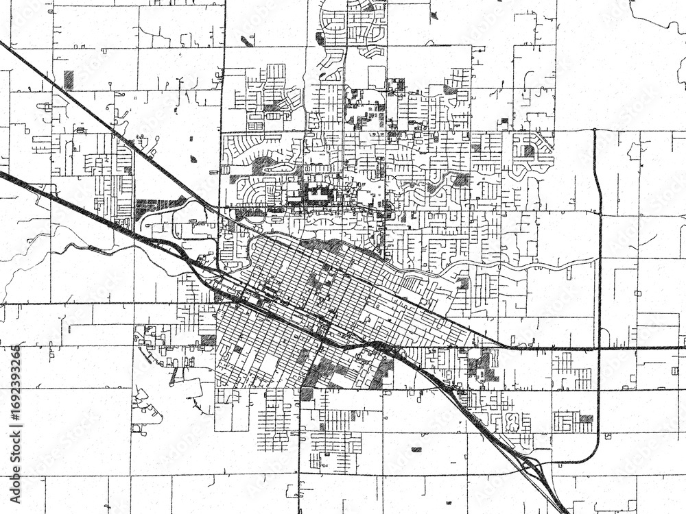 Urban map of Merced, California, illustrated in monochrome with a ...