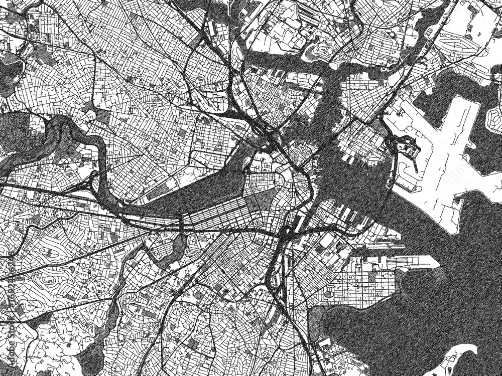 Illustrated city map of Boston, Massachusetts, in black and white ...