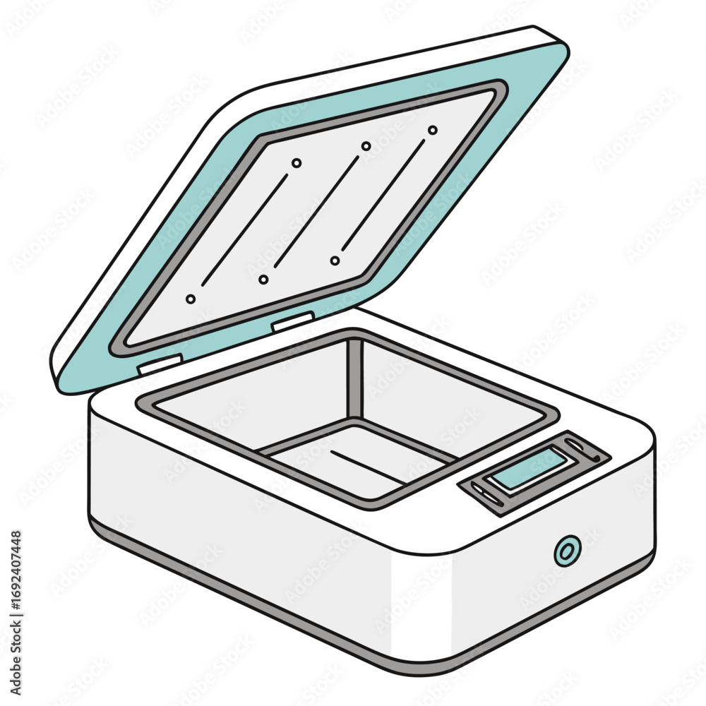 Isometric illustration of an open, modern white scanner device, ready ...