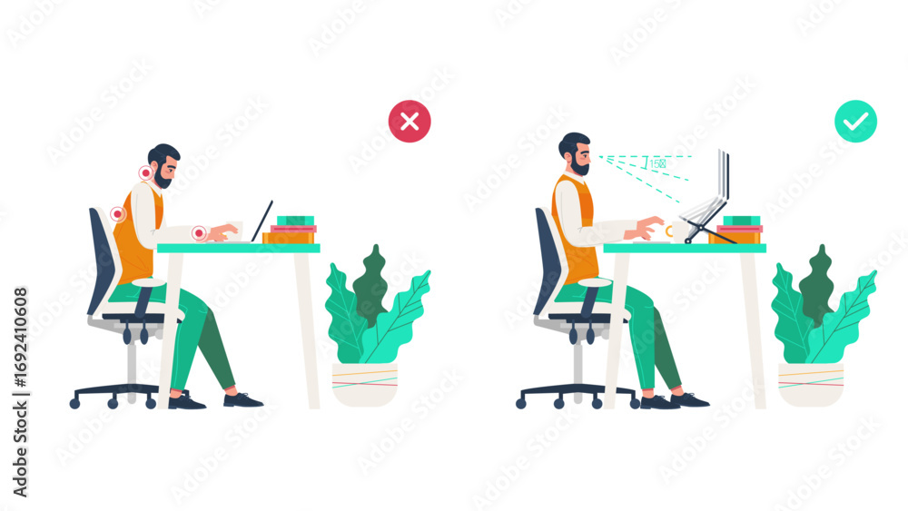 Office Ergonomics. How To Sit Properly at Your Desk. Style Version 05 ...