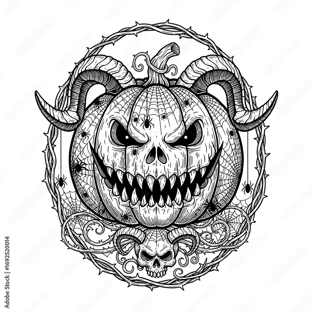 Spooky Halloween Jack O Lantern with Devil Horns Spiders and Skull ...