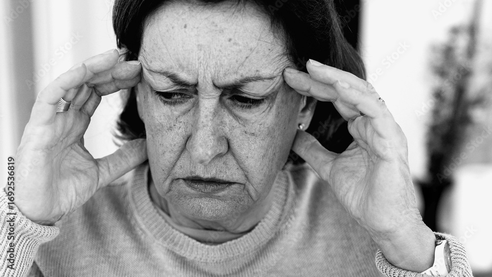 Elderly woman struggling with severe headache, massaging temples with ...