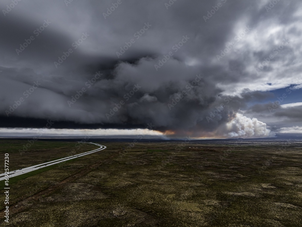 Volcano, volcanic eruption, ash cloud, road, aerial view, Sundhnúkur ...