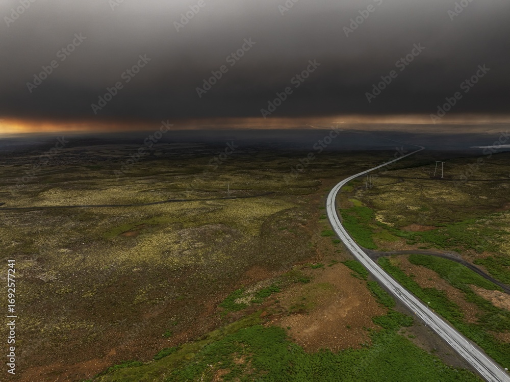 Volcano, volcanic eruption, ash cloud, road, aerial view, Sundhnúkur ...