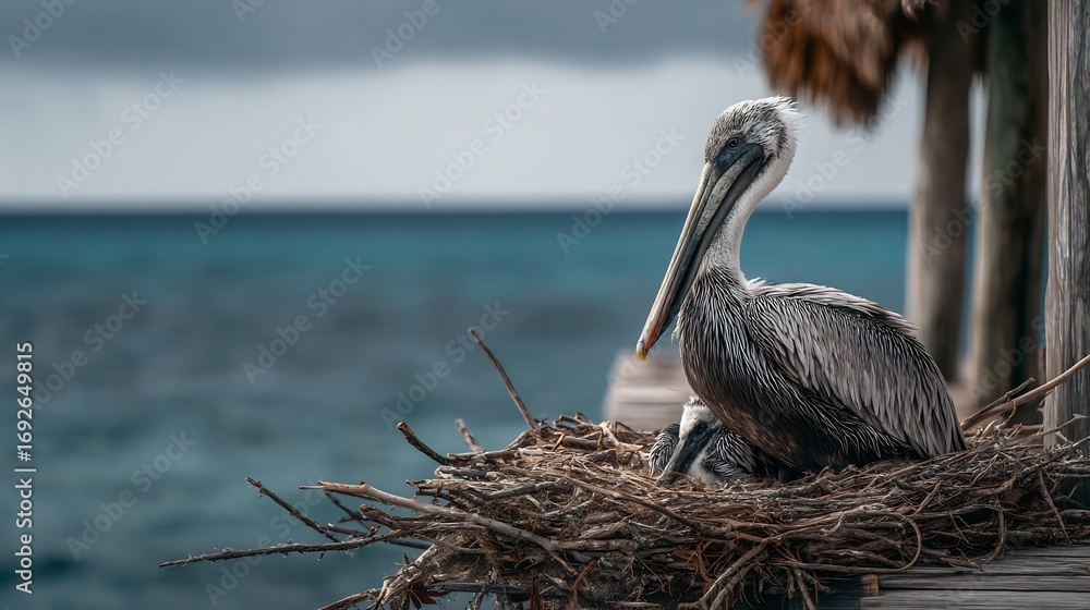 Hyper realistic capture of pelican nest dock parent feeding young with ...