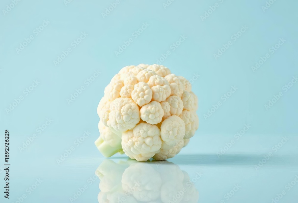 Single fresh cauliflower floret, pristine white, reflects on sleek ...