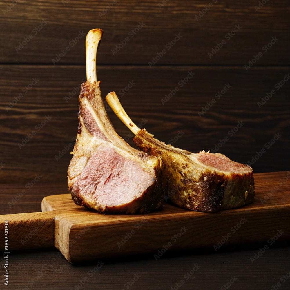 Stock-Foto „Alpaca meat displayed on wooden cutting board with rich ...