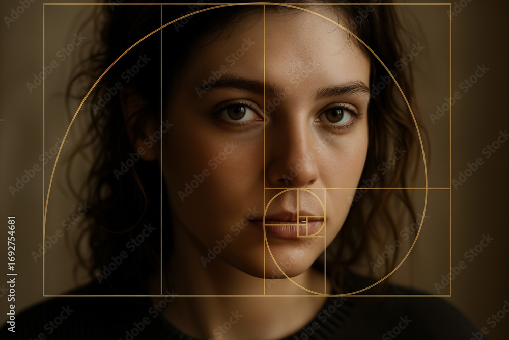 Artistic study of human proportions with golden ratio spiral overlay ...