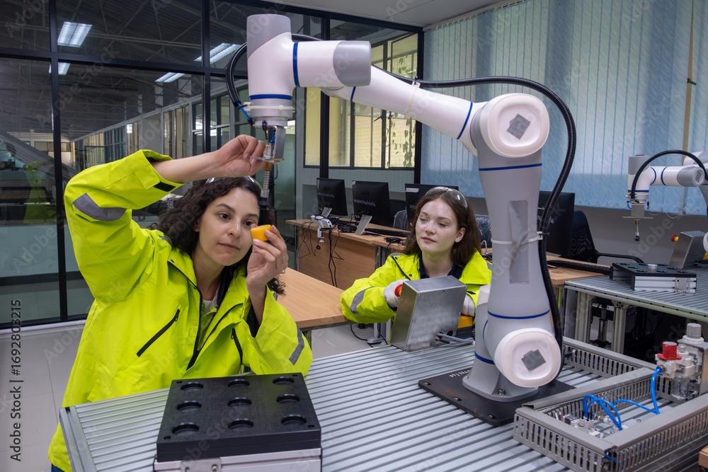 Engineers working with robotic arm in modern laboratory setting during ...