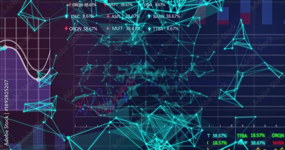 Displaying teal nodes and lines on grid, with line chart and scrolling stock percentage tickers ...