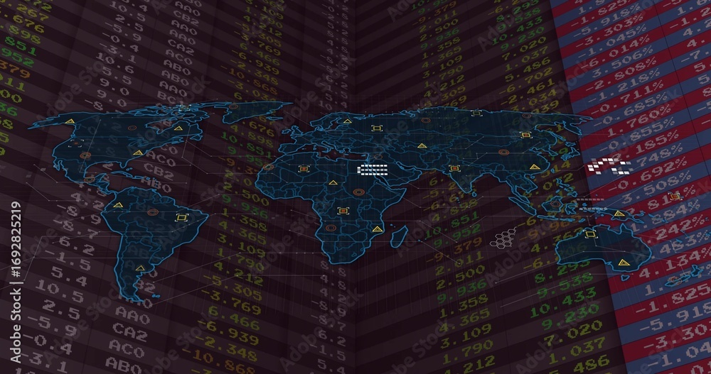 Neon-blue world map highlighting rotating columns in data dashboard ...