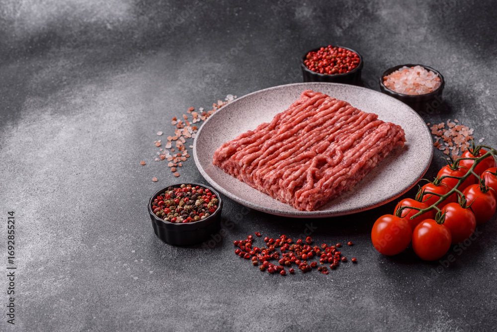 Raw ground beef or pork, fresh meat for burgers or other dishes. Raw ...