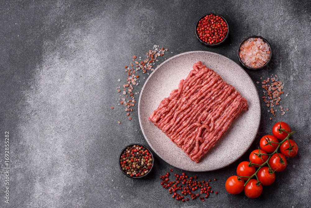 Raw ground beef or pork, fresh meat for burgers or other dishes. Raw ...