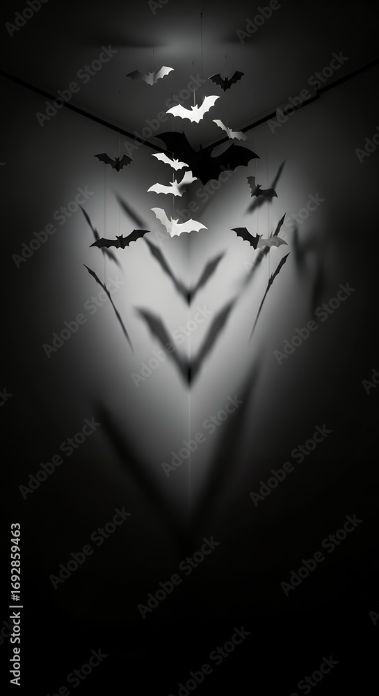 Artistic display of bat silhouettes casting dramatic, elongated shadows ...