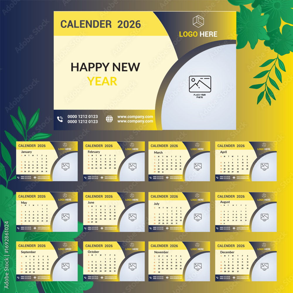 12 monthly tabel calander 2026 design Stock Vector | Adobe Stock