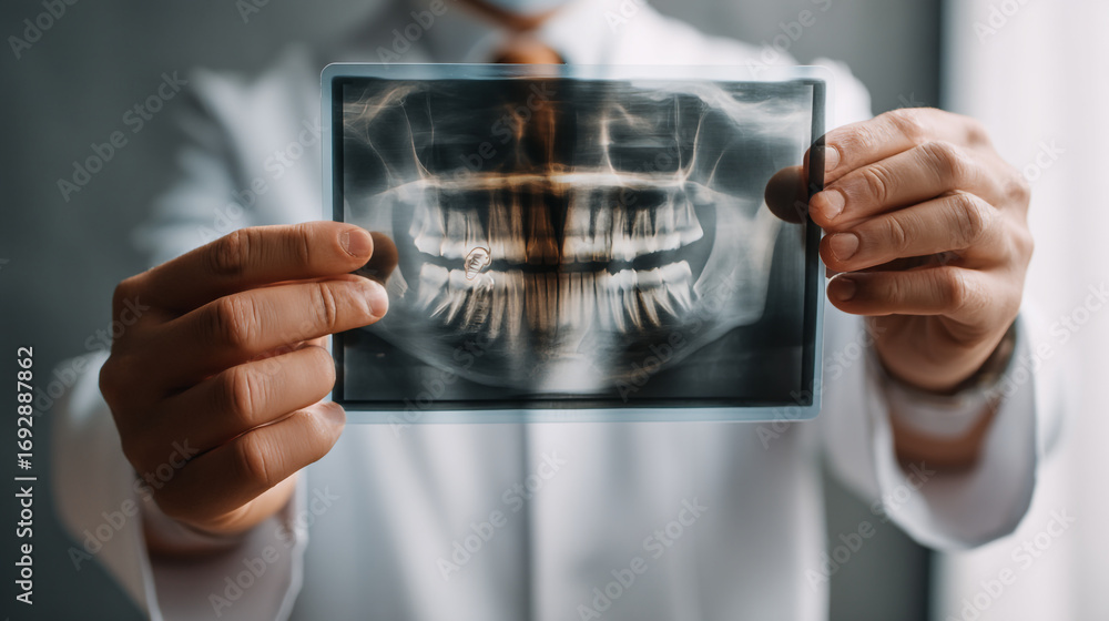 Doctor holding a dental x ray displaying teeth and jaw structure in a ...
