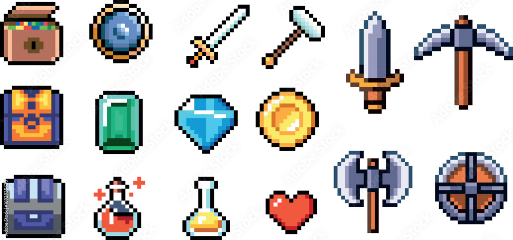 Vetor Pixel style gaming arsenal icons including sword pickaxe and ...