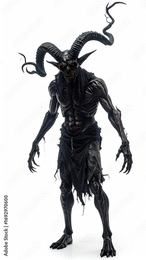 Full Body Demonic Figure with Twisted Horns and Scarred Face Stock ...