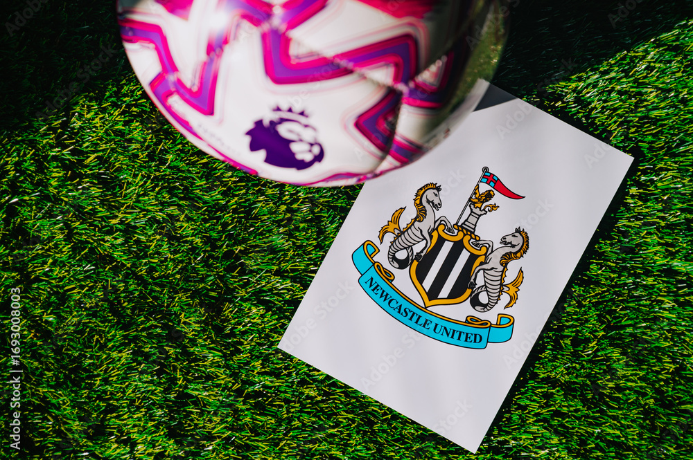 Newcastle United logo of football club of Premier League. Official ball ...