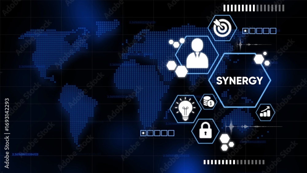 Global Network Map with Synergy Icons and Futuristic Digital Overlay ...
