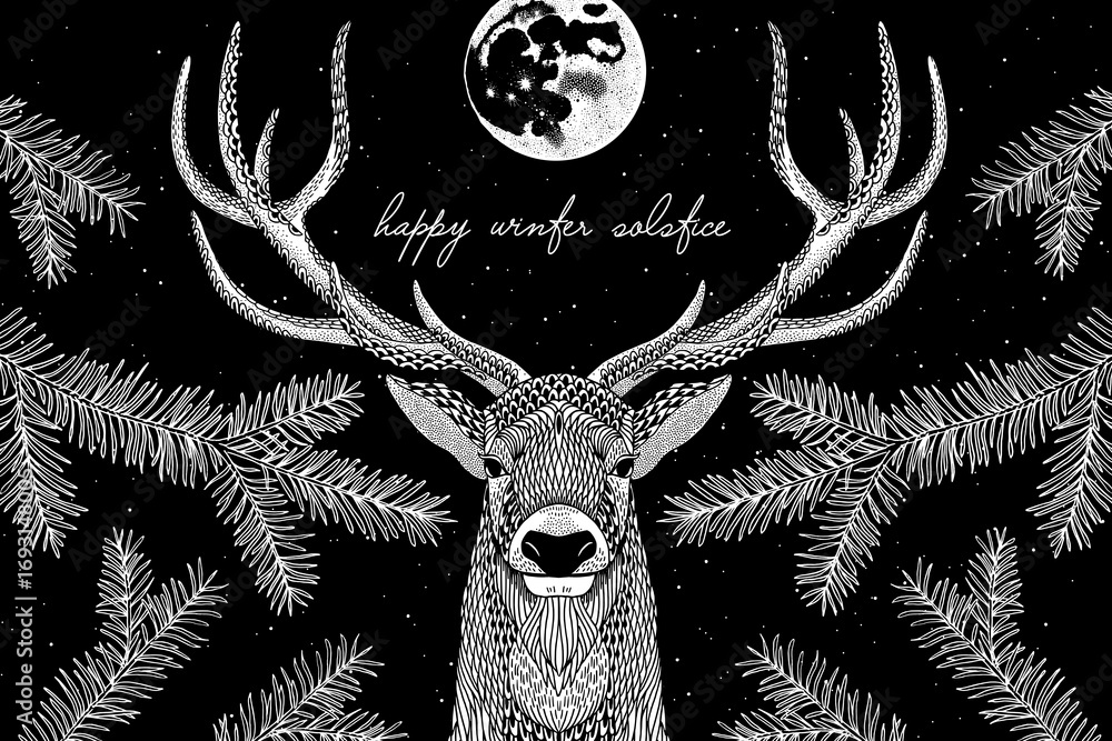 Hand Drawn Winter Solstice Illustration with a Deer and the Moon Stock ...