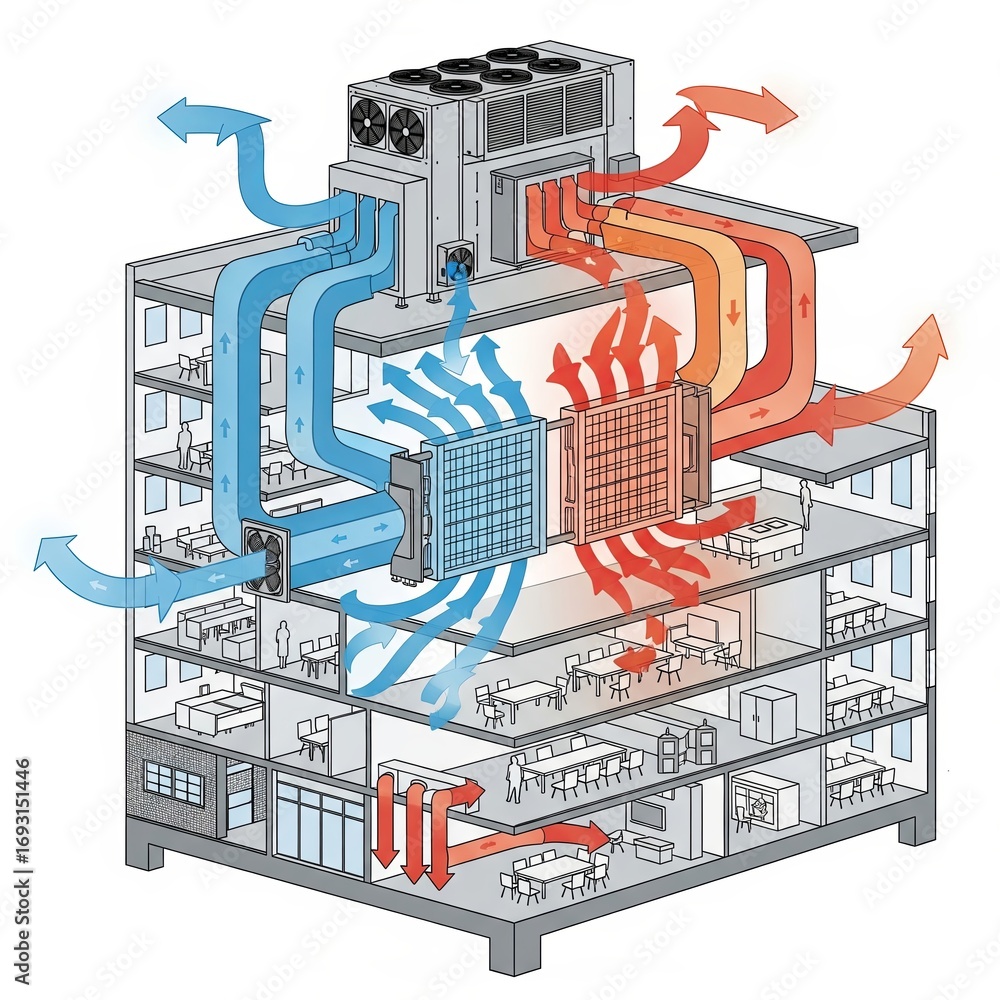 Detailed technical diagram of a commercial HVAC system, showing airflow ...