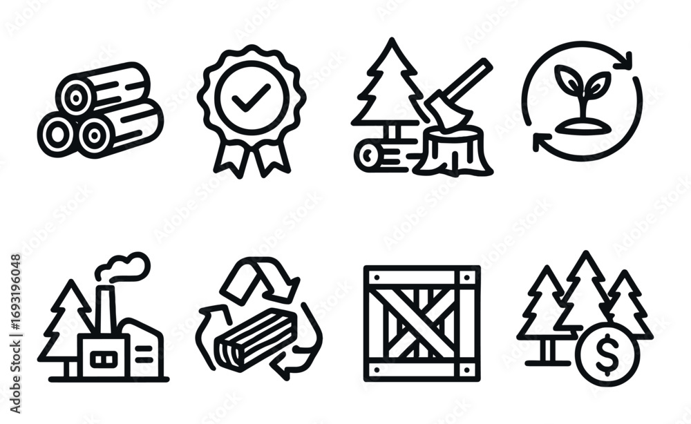 Forestry and sustainability silhouette icon set. featuring wood ...