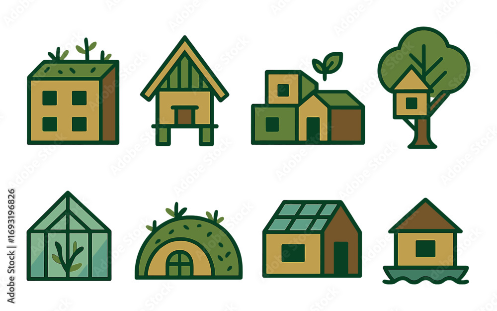 Eco housing linear icon set. featuring treehouse, greenhouse, solar ...