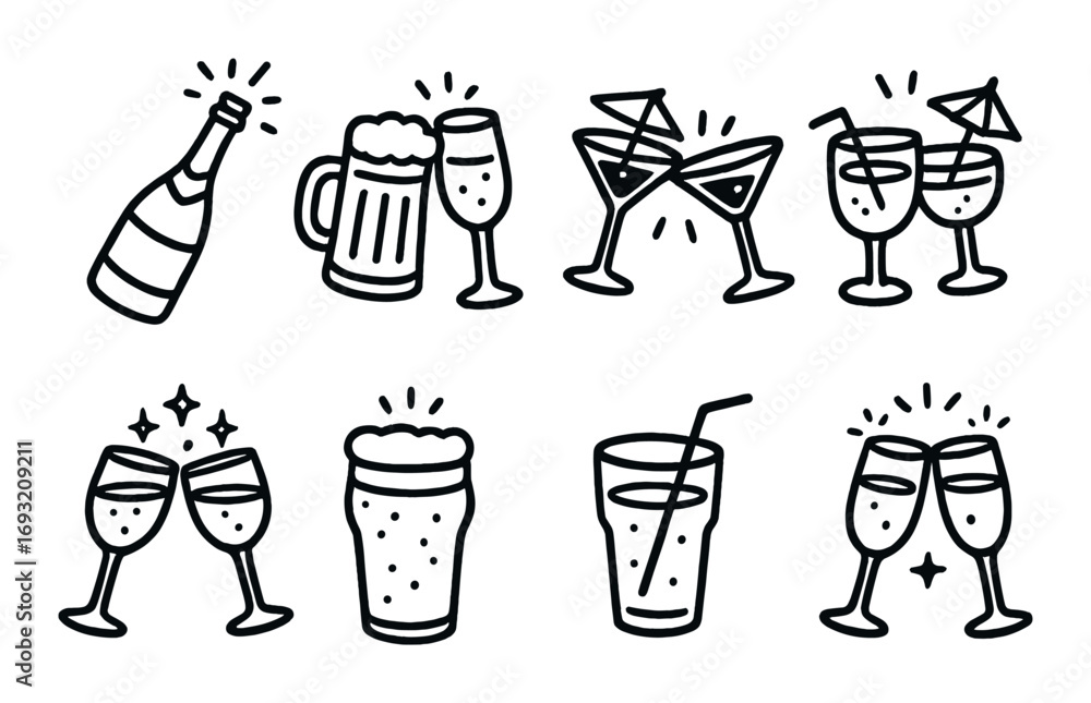 Party drinks linear icon set. featuring champagne, beer, cocktail, and ...