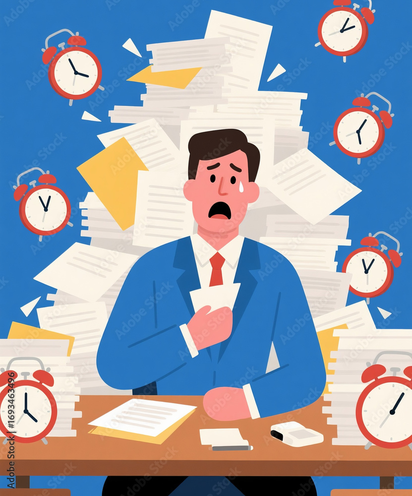 Stressed office worker under immense pressure from a heavy workload and ...