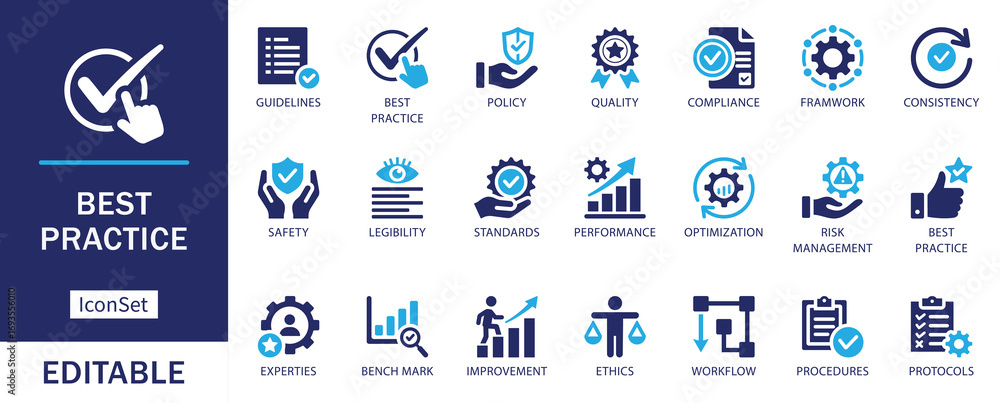 Editable best practice icon set. With guideline, compliance, workflow, policy, quality, and ...