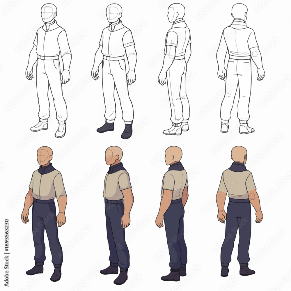 Male Character Design Turnaround Sheet in Uniform, Full Views, Line Art ...