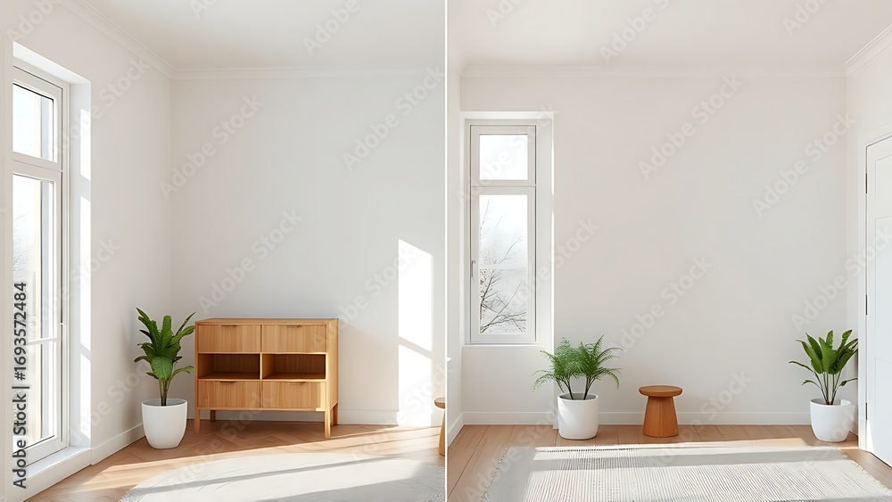 Interior renovation progress comparison, showing a simple room ...