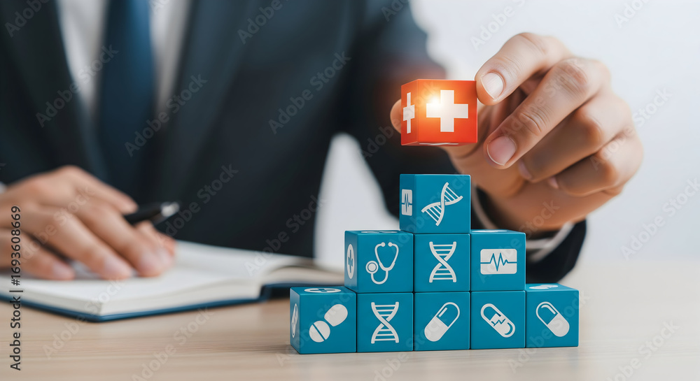 Building a healthier future with medical icons, DNA, and care symbols ...