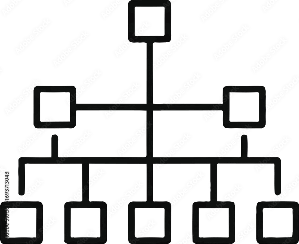 Simple and clean line art icon of a three-level organizational chart. A ...